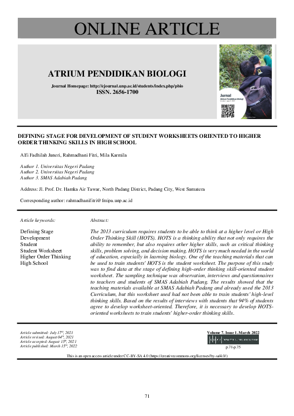 (PDF) Defining Stage for Development of Student Worksheets Oriented to ...