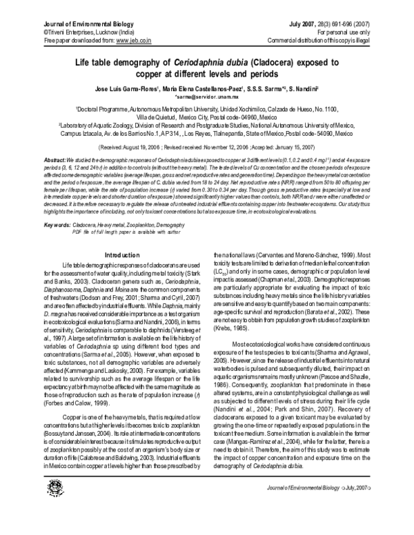 (PDF) Life table demography of Ceriodaphnia dubia (Cladocera) exposed ...