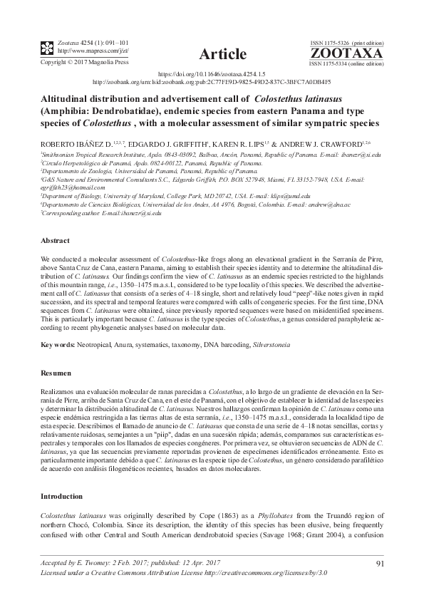 (PDF) Altitudinal distribution and advertisement call of Colostethus ...