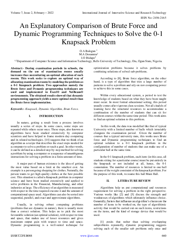 (PDF) An Explanatory Comparison of Brute Force and Dynamic Programming Techniques to Solve the 0 ...