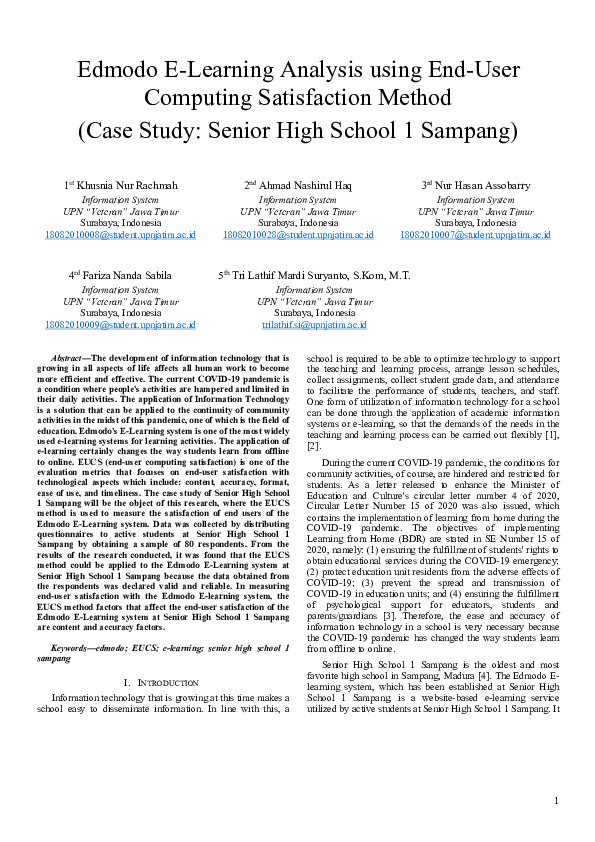 (PDF) Edmodo E-Learning Analysis using End-User Computing Satisfaction Method (Case Study ...