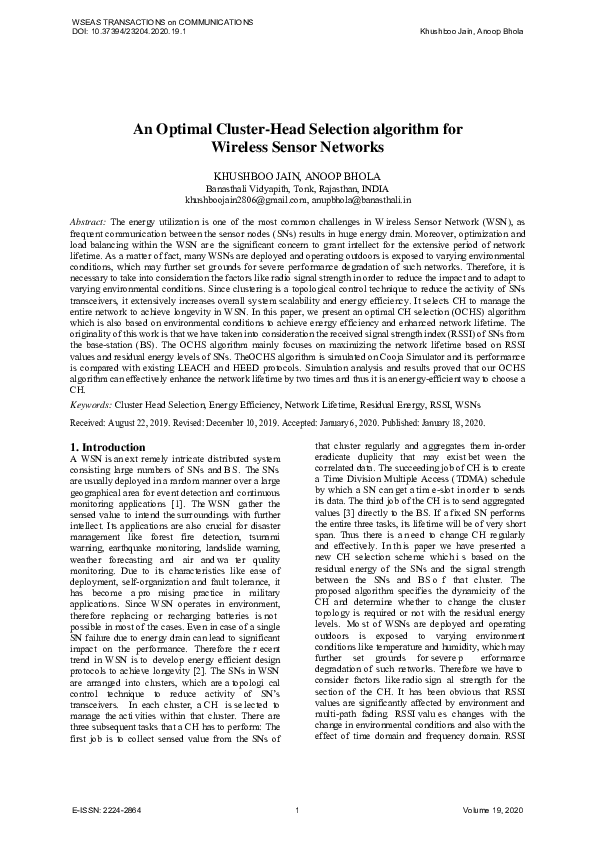 Pdf An Optimal Cluster Head Selection Algorithm For Wireless Sensor