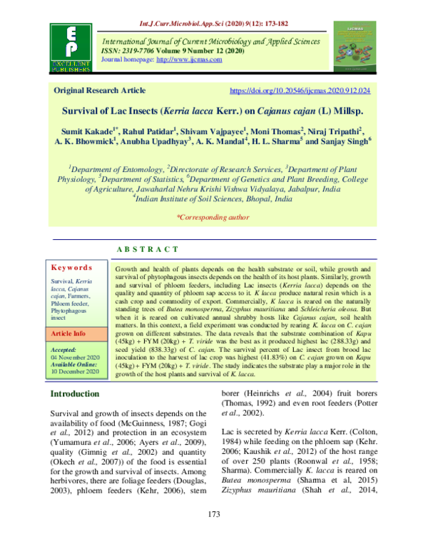 (PDF) Survival of Lac Insects (Kerria lacca Kerr.) on Cajanus cajan (L ...