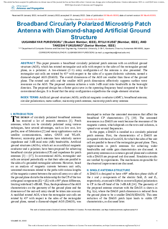 (PDF) Broadband Circularly Polarized Microstrip Patch Antenna with Diamond-shaped Artificial ...
