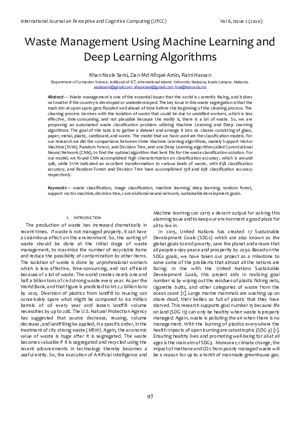 (PDF) Waste Management Using Machine Learning and Deep Learning Algorithms