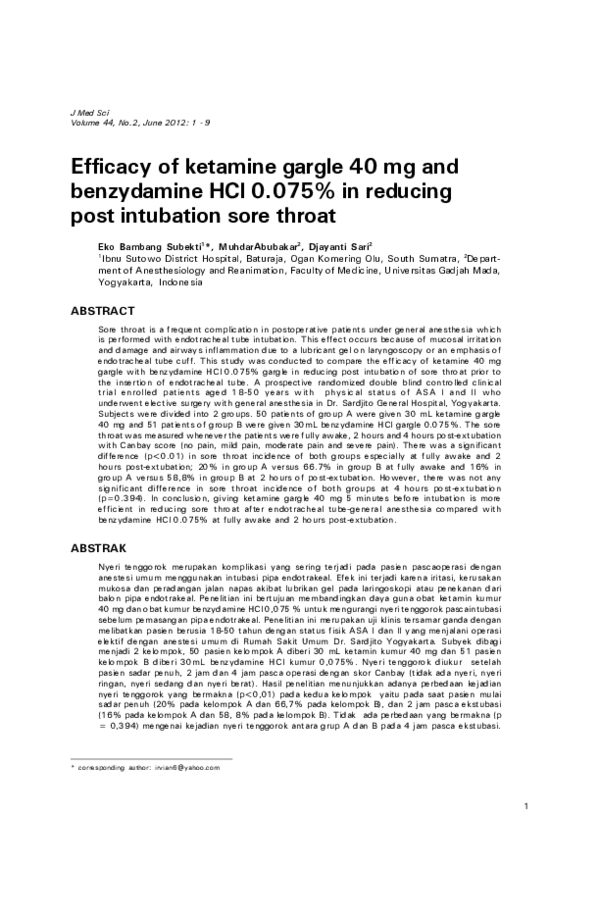 (PDF) benzydamine HCl 0.075 % in reducing post intubation sore throat