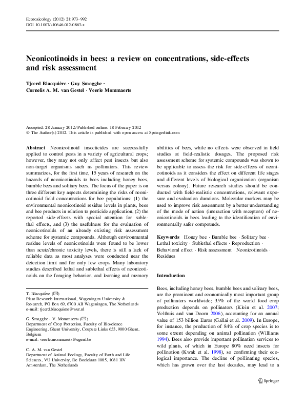 (PDF) Neonicotinoids in bees: a review on concentrations, side-effects ...