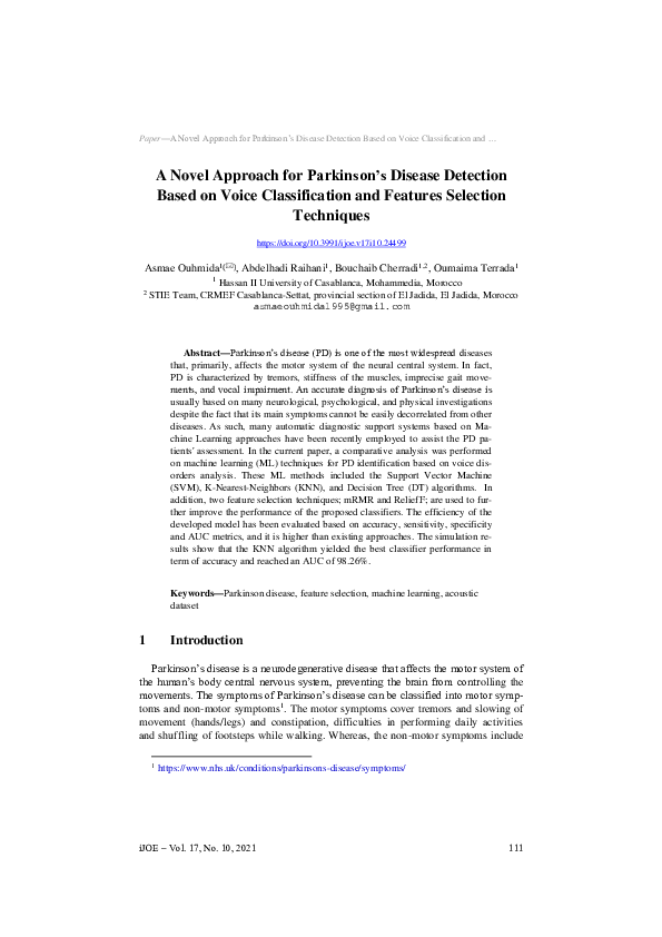 Pdf A Novel Approach For Parkinsons Disease Detection Based On Voice Classification And