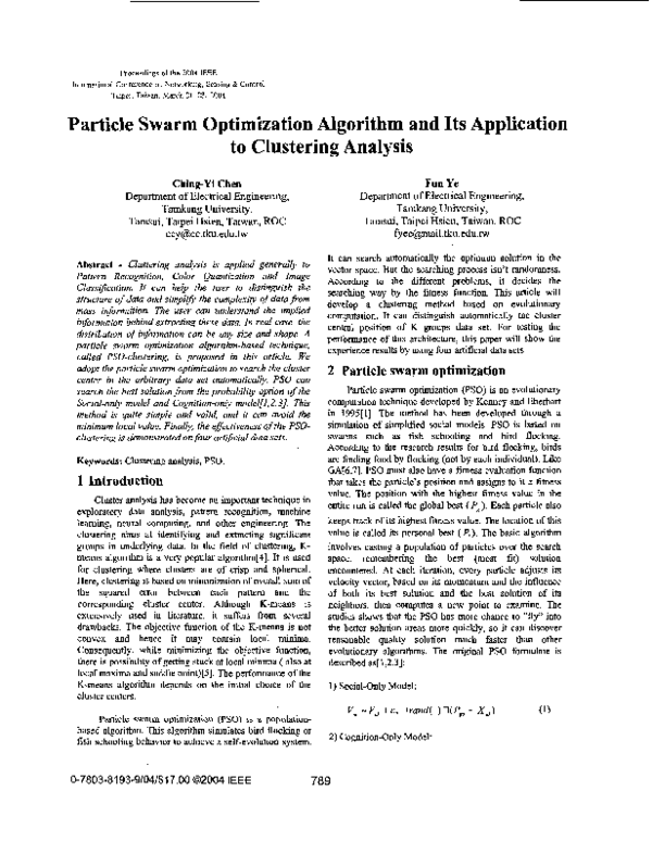 (PDF) Particle swarm optimization algorithm and its application to clustering analysis