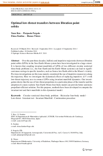 Pdf Optimal Low Thrust Transfers Between Libration Point Orbits