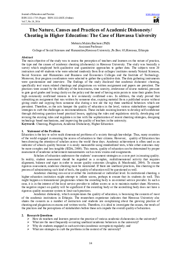 (PDF) The Nature, Causes and Practices of Academic Dishonesty/ Cheating ...