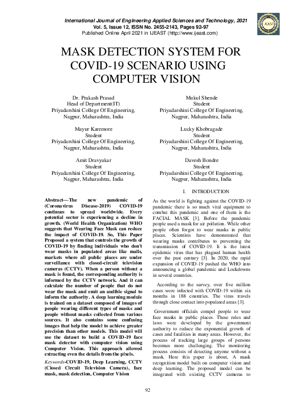 (PDF) Mask Detection System for COVID-19 Scenario Using Computer Vision