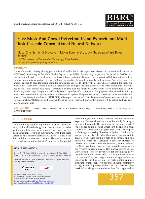Pdf Face Mask And Crowd Detection Using Pytorch And Multi Task Cascade Convolutional Neural
