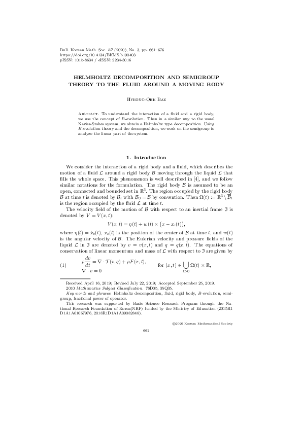 (PDF) Helmholtz Decomposition and Semigroup Theory to the Fluid Around a Moving Body