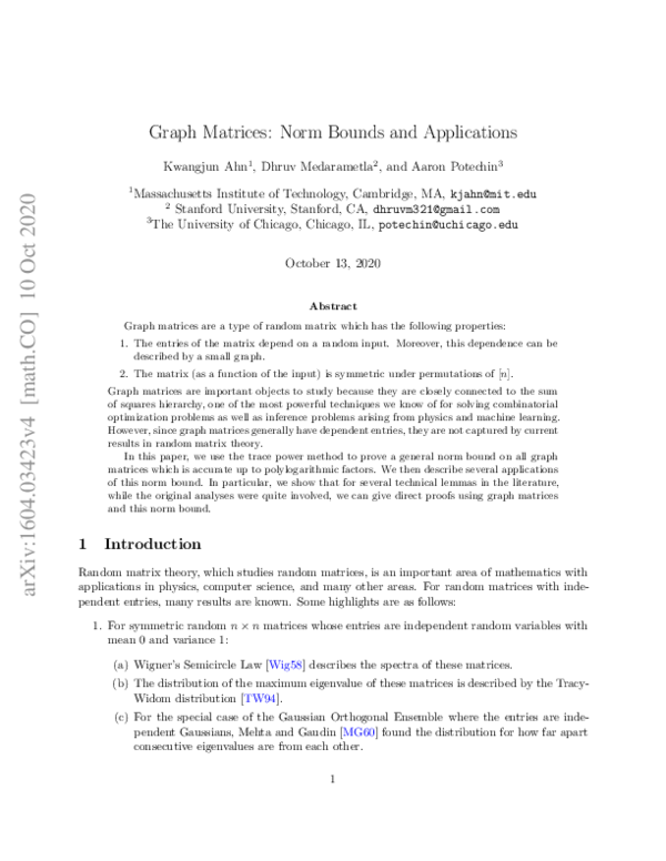 (PDF) Graph Matrices: Norm Bounds and Applications