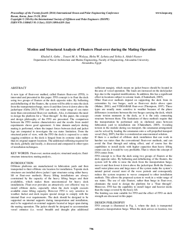 (PDF) Motion and Structural Analysis of Floaters Float-over during the ...