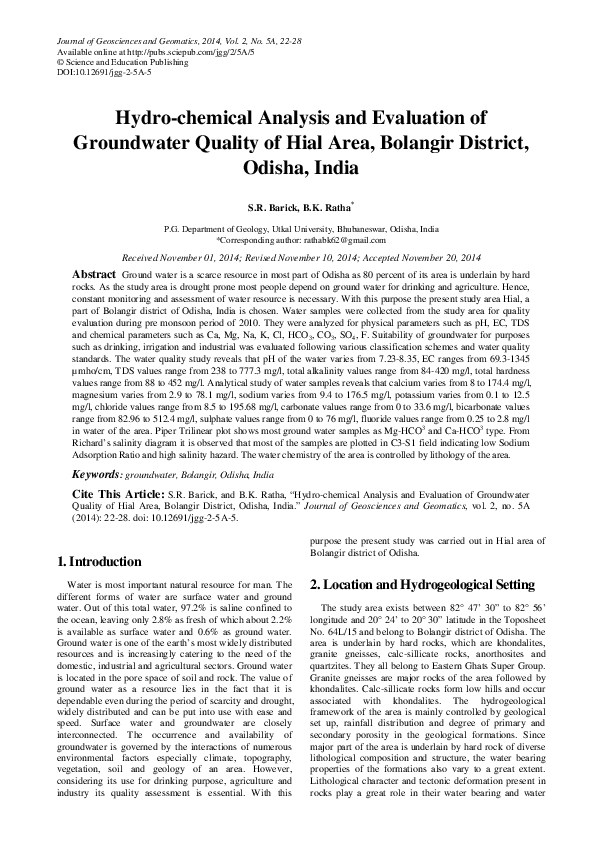 (PDF) Hydro-chemical Analysis and Evaluation of Groundwater Quality of Hial Area, Bolangir ...