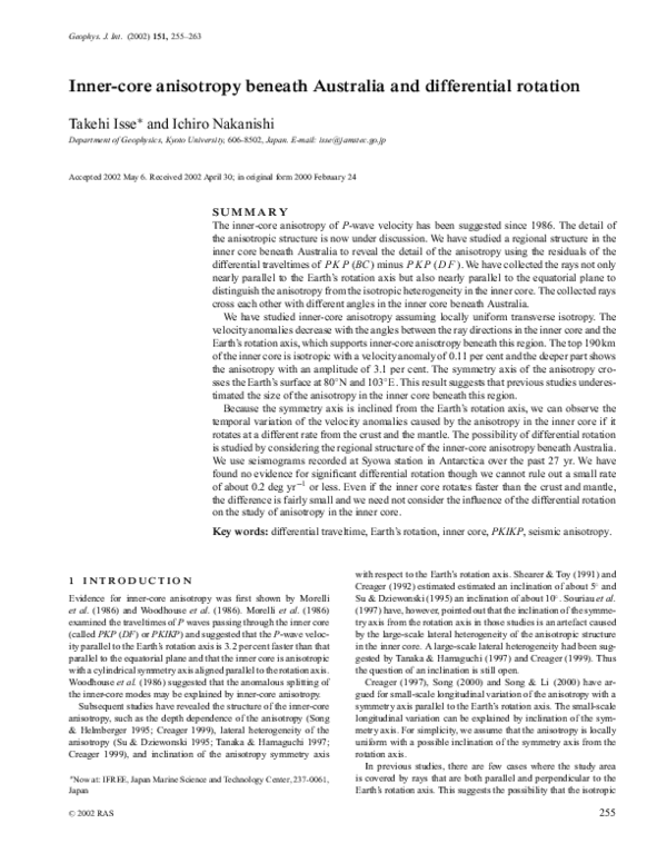 (PDF) Inner-core anisotropy beneath Australia and differential rotation