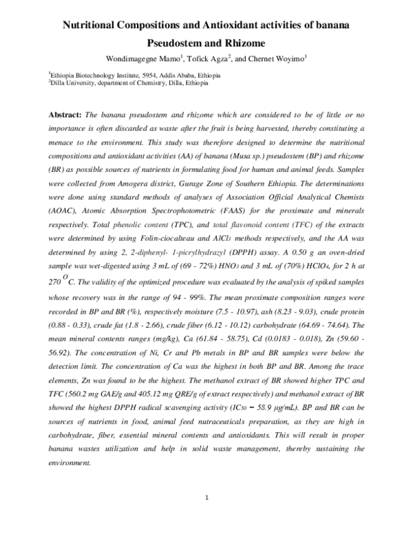 (PDF) Nutritional Compositions and Antioxidant activities of banana Pseudostem and Rhizome