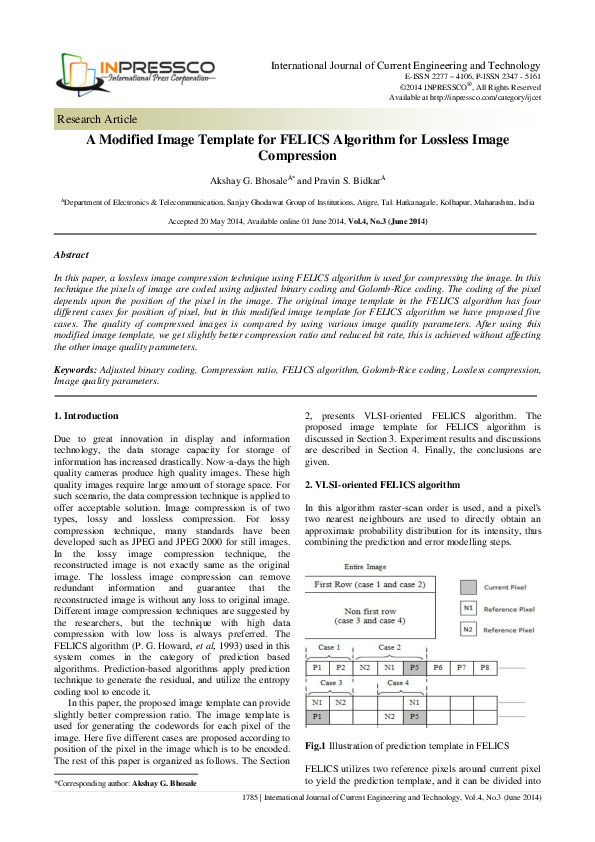 Pdf A Modified Image Template For Felics Algorithm For Lossless Image Compression