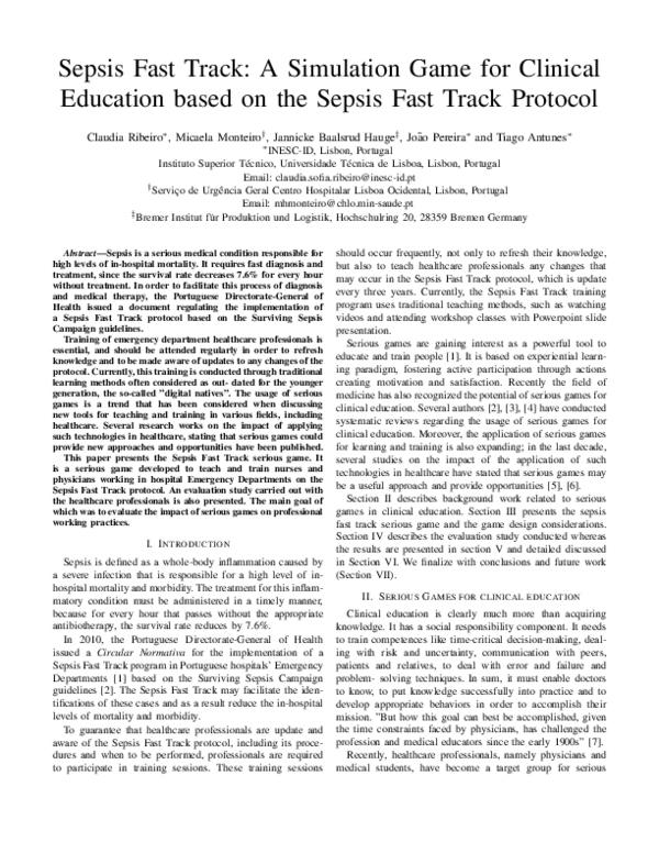 (PDF) Sepsis Fast Track: A simulation game for Clinical education based ...