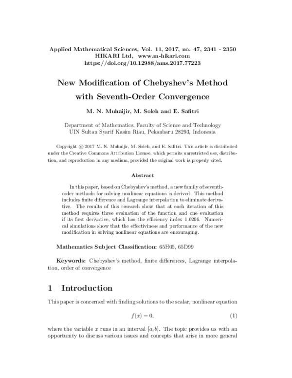 (PDF) New modification of Chebyshev's method with seventh-order convergence | Mustopa Soleh ...