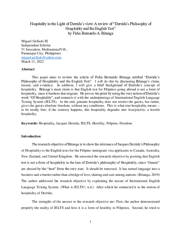 (PDF) Hospitality in the Light of Derrida's view: A review of "Derrida ...