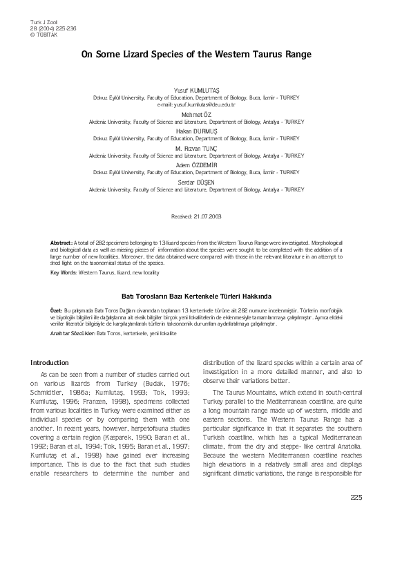 (PDF) On Some Lizard Species of the Western Taurus Range