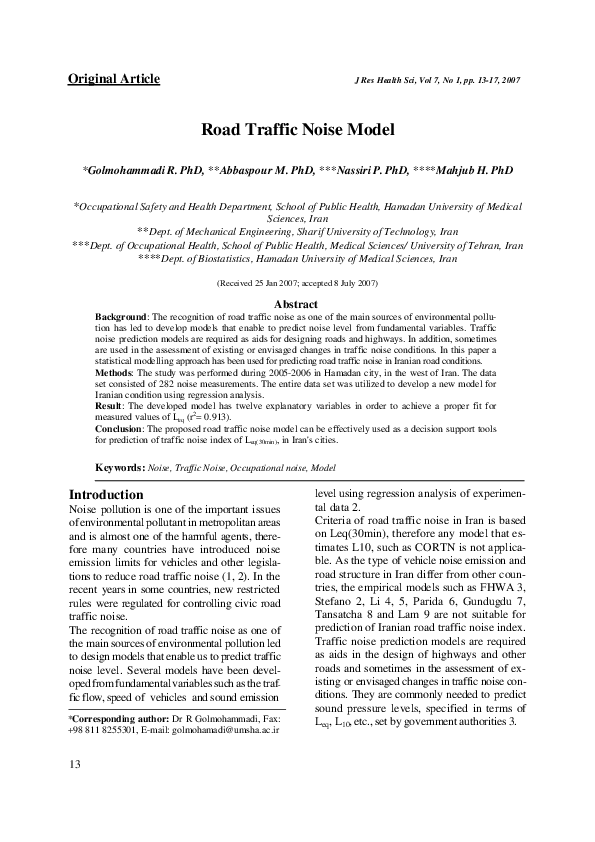 (PDF) Road traffic noise model