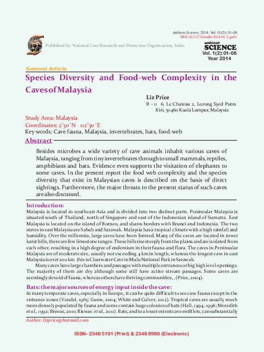 (PDF) Species diversity and food-web complexity in the caves of Malaysia