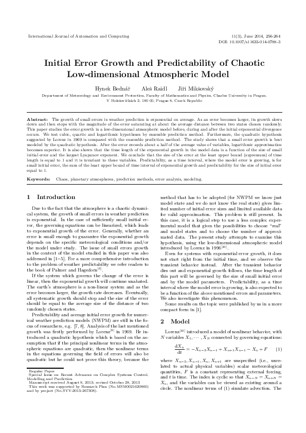 Pdf Initial Error Growth And Predictability Of Chaotic Low Dimensional Atmospheric Model