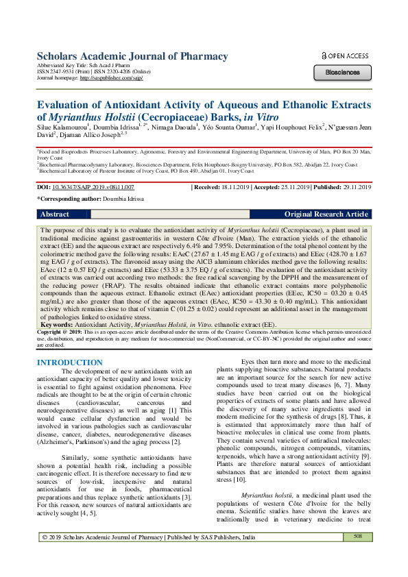 (PDF) Evaluation of Antioxidant Activity of Aqueous and Ethanolic Extracts of Myrianthus Holstii ...