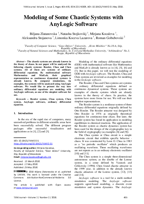 (PDF) Modeling of Some Chaotic Systems with AnyLogic Software