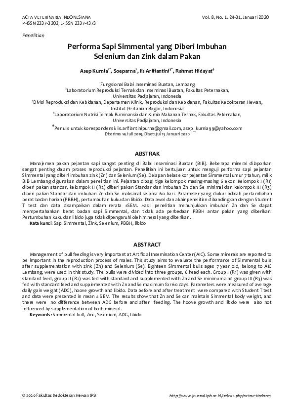 (PDF) Performa Sapi Simmental yang Diberi Imbuhan Selenium dan Zink dalam Pakan