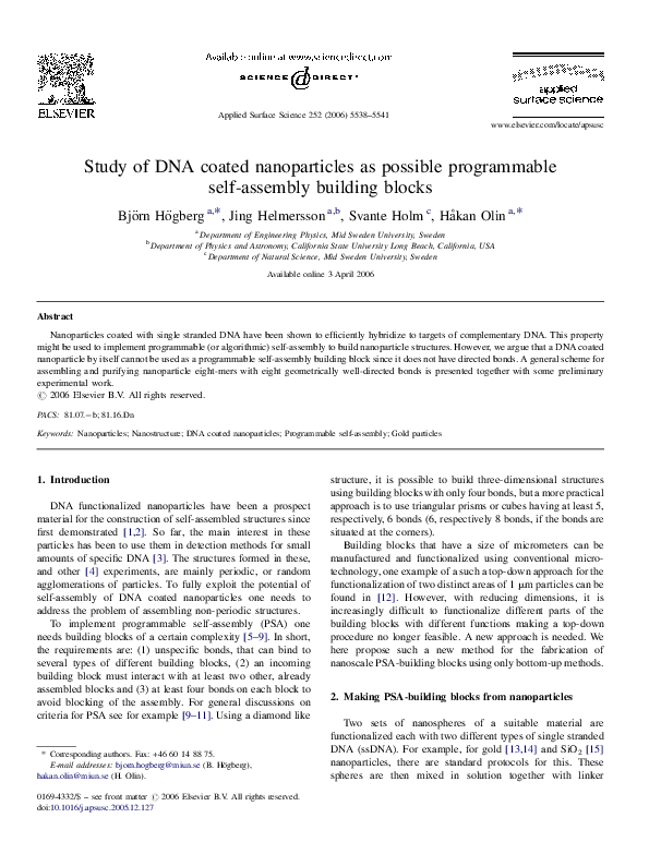 (PDF) Study of DNA coated nanoparticles as possible programmable self-assembly building blocks