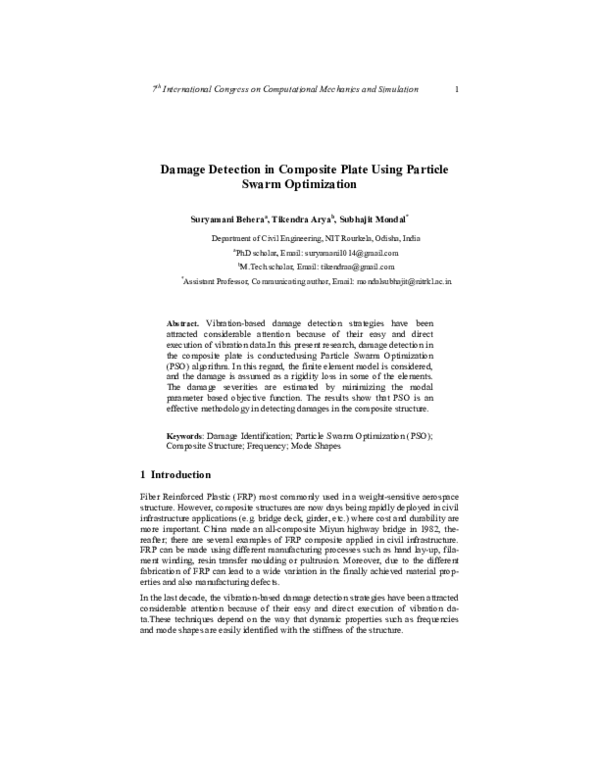 (PDF) Damage Detection in Composite Plate Using Particle Swarm Optimization