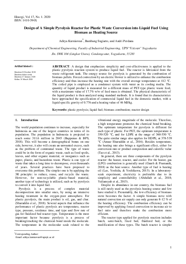(PDF) Design of a Simple Pyrolysis Reactor for Plastic Waste Conversion ...