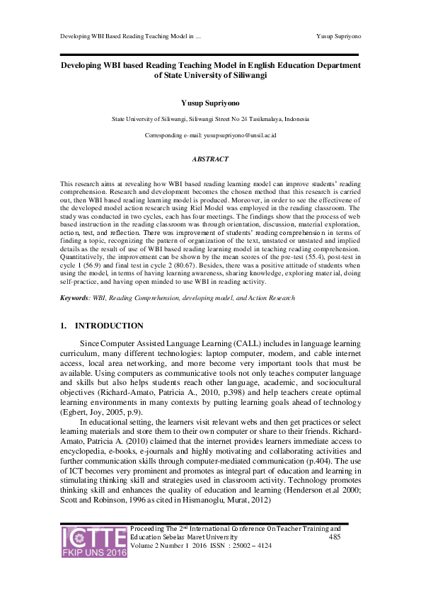 (PDF) Developing WBI based Reading Teaching Model in English Education Department of State ...