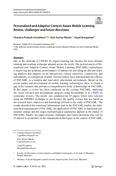 (PDF) Personalized and Adaptive Context-Aware Mobile Learning: Review, challenges and future ...