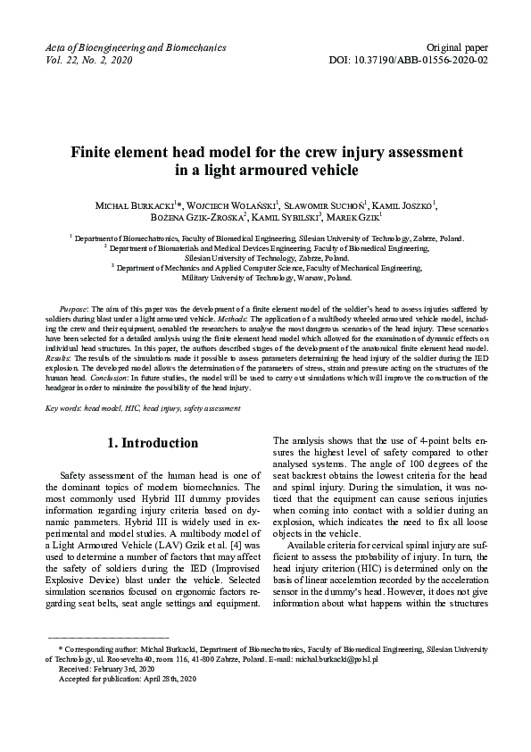 (PDF) Finite element head model for the crew injury assessment in a light armoured vehicle