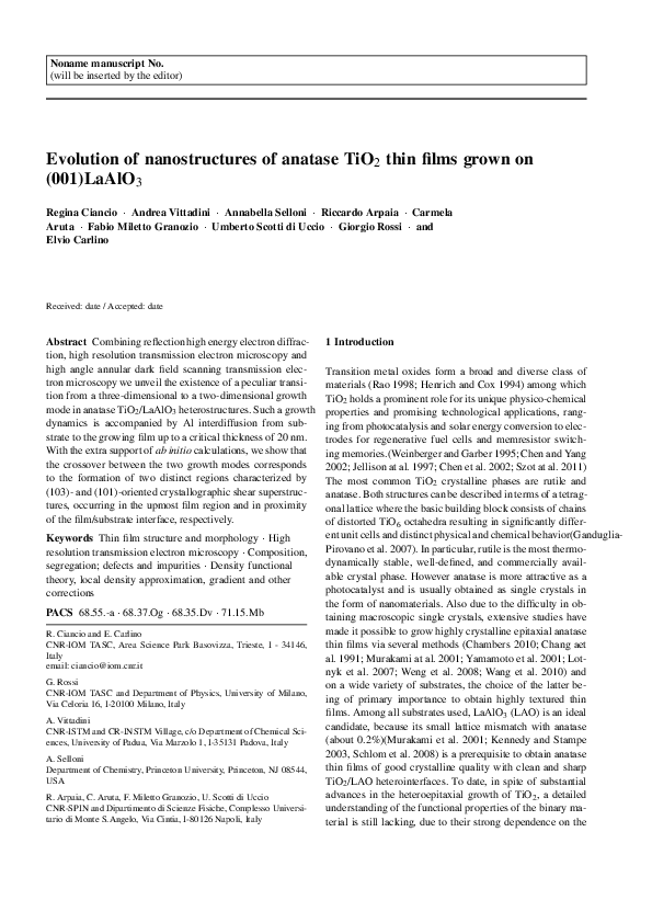 (PDF) Evolution of nanostructures of anatase TiO2 thin films grown on (001) LaAlO3