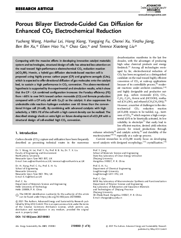 (PDF) Porous Bilayer Electrode‐Guided Gas Diffusion for Enhanced CO 2 ...