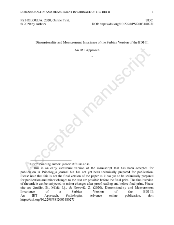 (PDF) Dimensionality and measurement invariance of the Serbian version ...