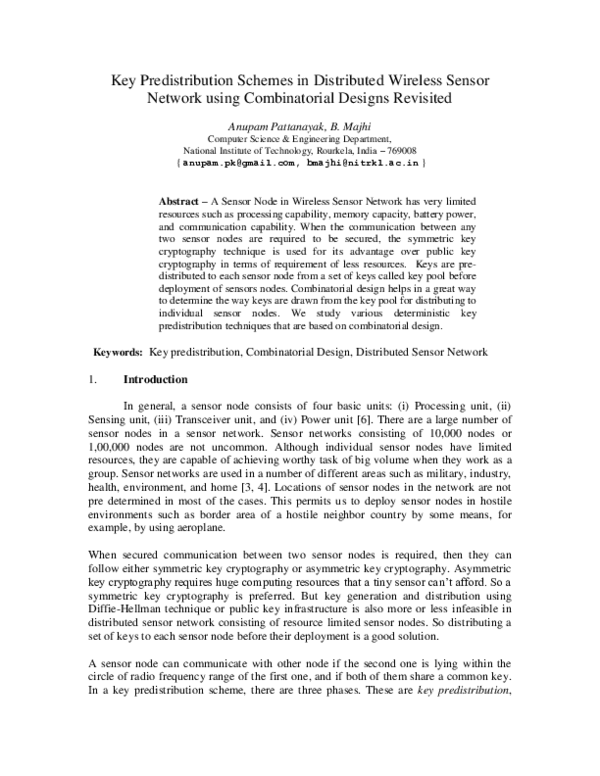 Pdf Key Predistribution Schemes In Distributed Wireless Sensor Network Using Combinatorial