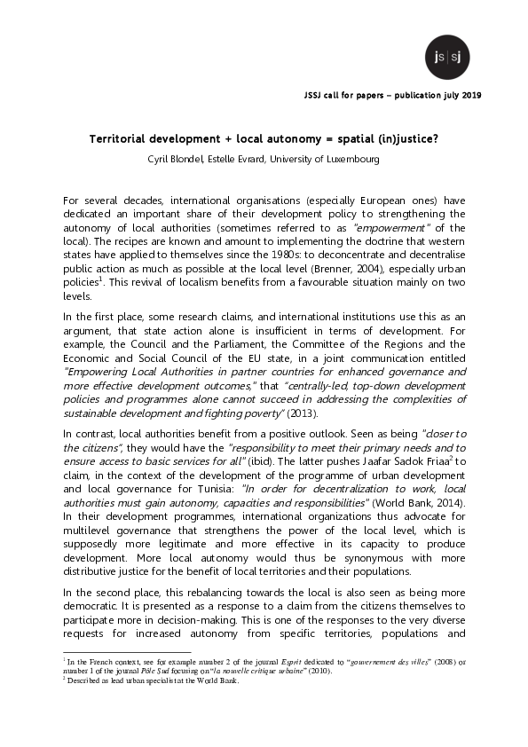 (PDF) Territorial Development + Local Autonomy = Spatial (in)justice?