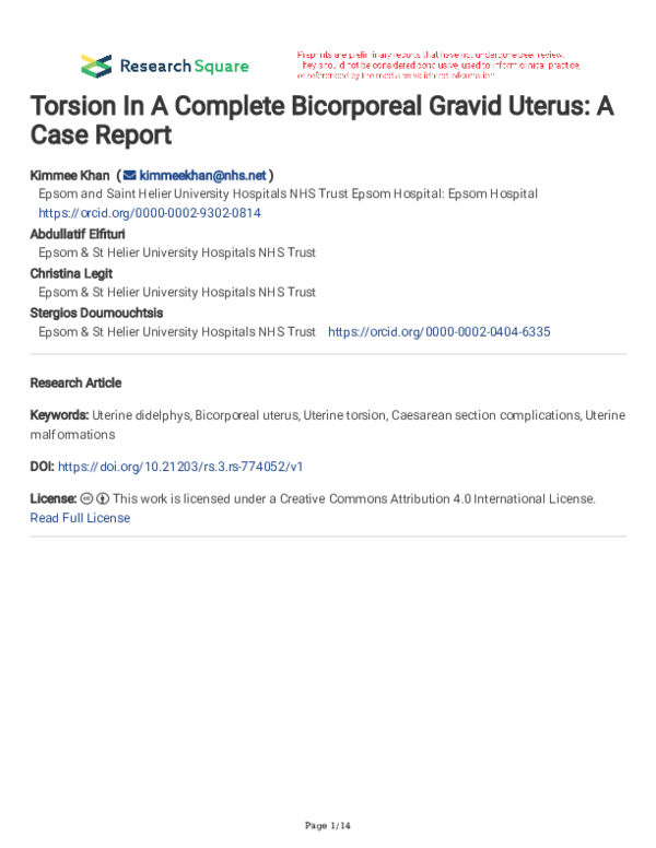 (PDF) Torsion In A Complete Bicorporeal Gravid Uterus: A Case Report