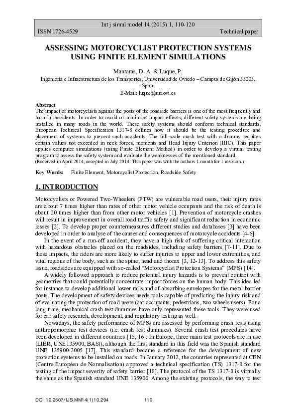 (PDF) Assessing Motorcyclist Protection Systems Using Finite Element ...