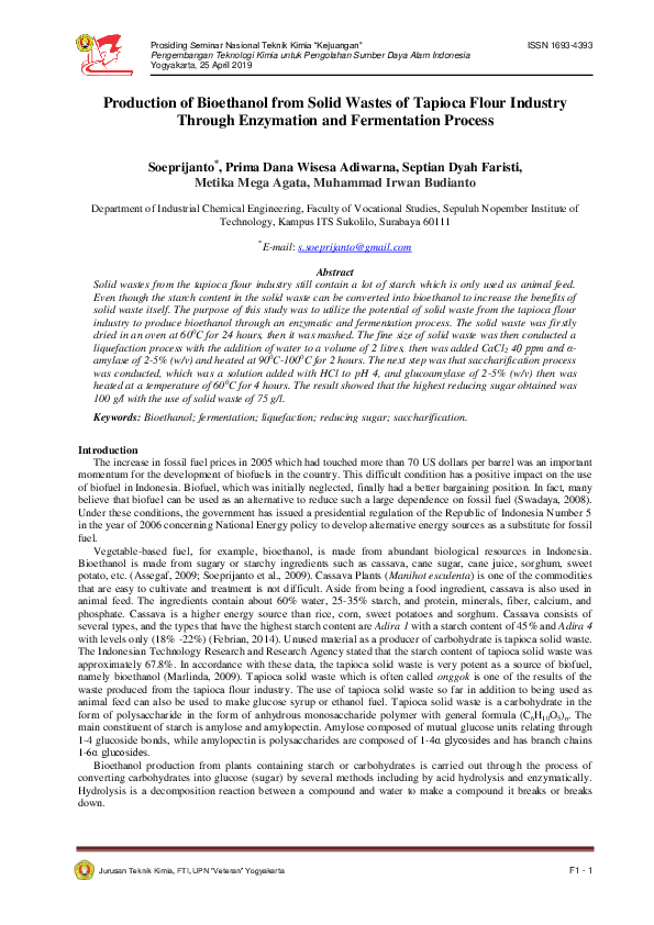 (PDF) Production of Bioethanol from Solid Wastes of Tapioca Flour ...