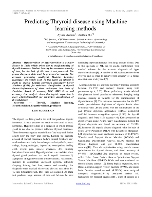 (PDF) Predicting Thryroid disease using Machine learning methods