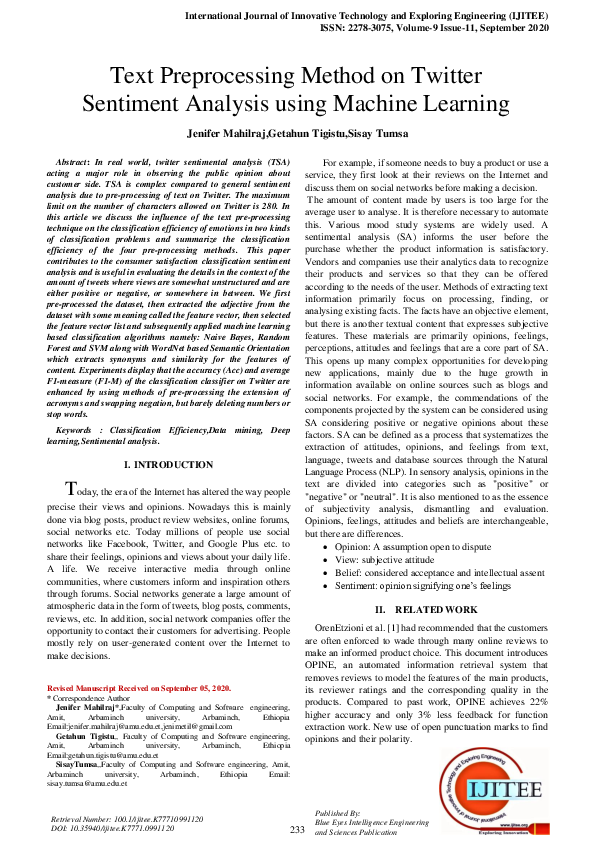 Pdf Text Preprocessing Method On Twitter Sentiment Analysis Using